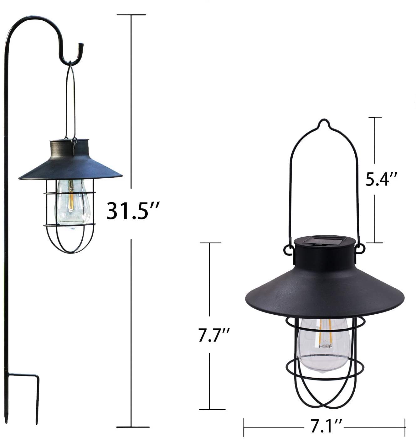 Hanging Solar Lights Lantern Lamp with Shepherd Hook,Metal Waterproof Edison Bulb Lights for Garden Outdoor Pathway (Black)