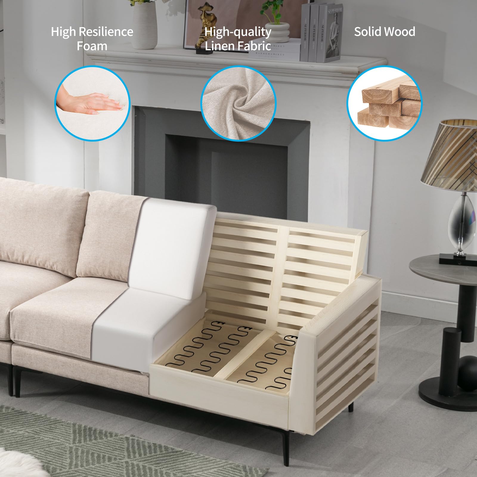 Mjkone 107" Modern Linen Sectional L-Shaped Couch, Convertible L Shaped Sofa with 2 Cushions, Oversized 5 Seat Corner Sofa Couch Set with Sturdy Legs for Living Room Apartment - Beige
