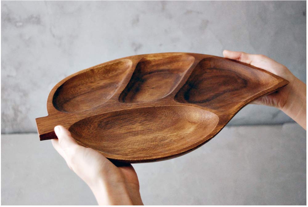 Acacia Premium Leaf Shaped Wooden 4-Compartment Divided Wood Accent-Plates Divided Dessert Dish Serving Trays Platters 4 Section