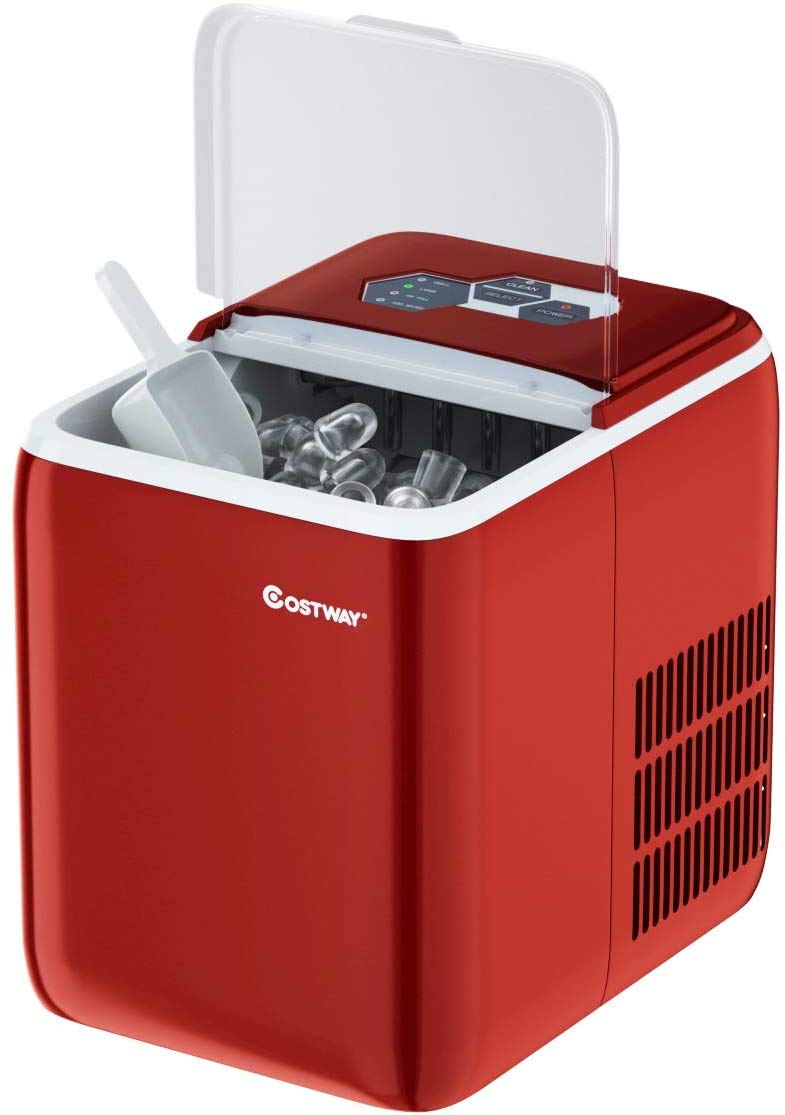 COSTWAY Ice Maker Countertop with Self-cleaning Function, Make 44 Lbs Ice in 24 Hours, Ice Cubes Ready in 8.5 Mins, Ideal for Bar Home and Office, Portable Ice Machine with Ice Scoop and Basket, Red