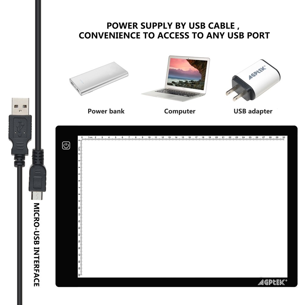 AGPtek A4 Ultra-thin Portable LED Artcraft Tracing Light Pad USB Cable + Wall Adapter Powered Brightness Control For Artists, Drawing, Sketching, Animation, X-ray Viewing, Sewing, Tattoo, Quilting
