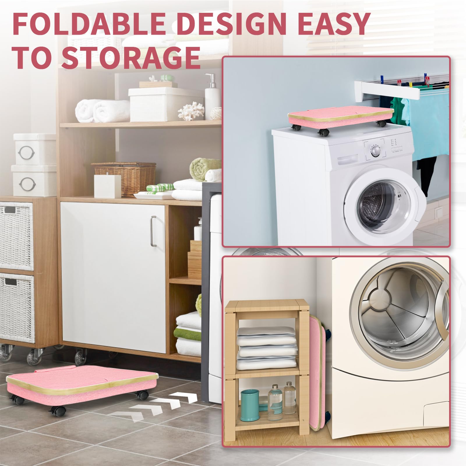 Pink Laundry Hamper with Wheels - 100L Large Laundry Hamper with Lid, Rolling Laundry Hamper on Wheels, Collapsible Laundry Hamper with Removable Mesh Bag and Bamboo Handles for Easy Carrying