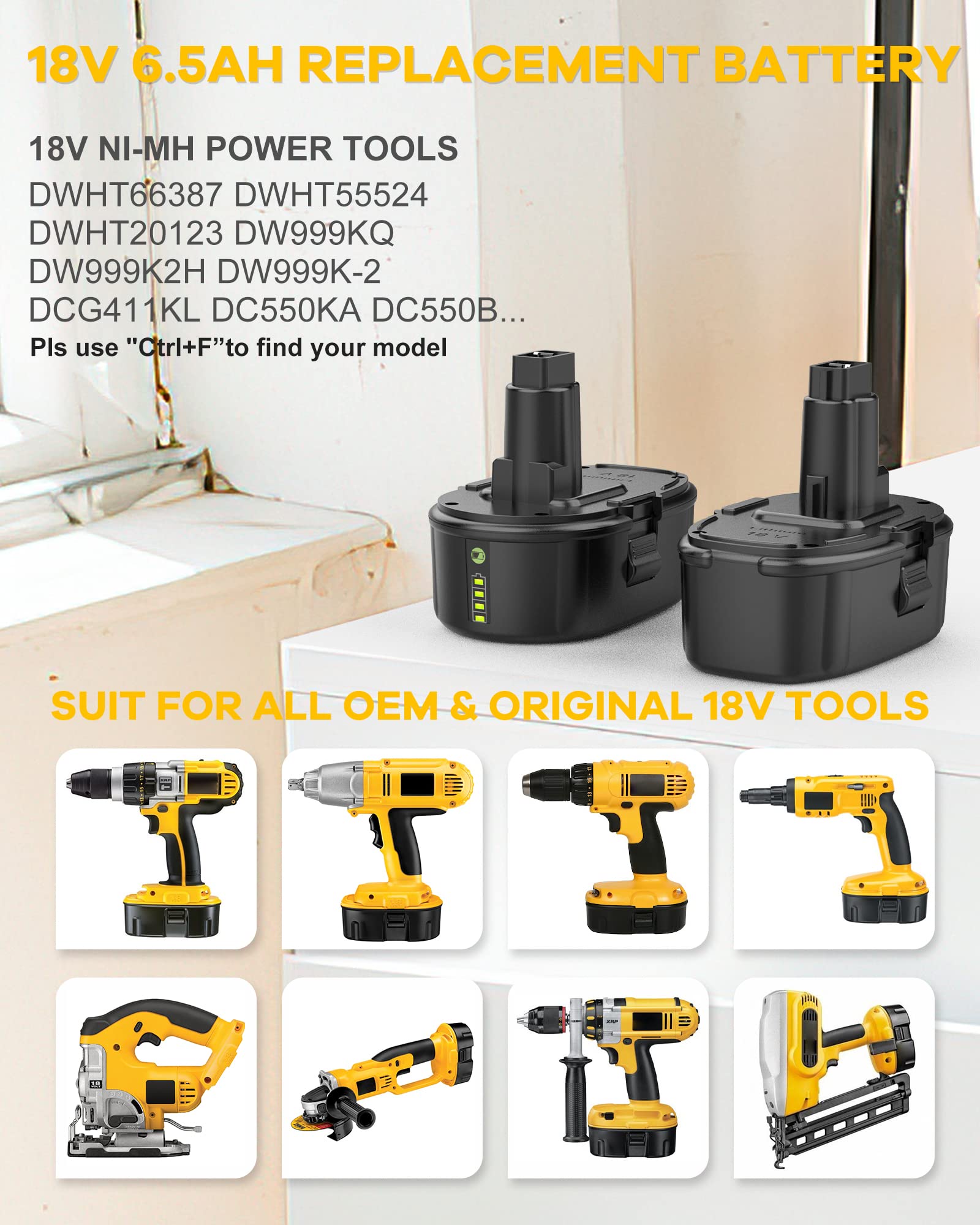 AYTXTG 2Pack 6.5Ah Lithium Battery Replace for Dewalt 18V XRP Ni-Cad Battery DC9096 DC9098 DC9099 DE9039 DE9095 + 2 Port DC9320 Fast Dual Charger for Dewalt 7.2V-18V XRP NI-CD NI-MH Battery