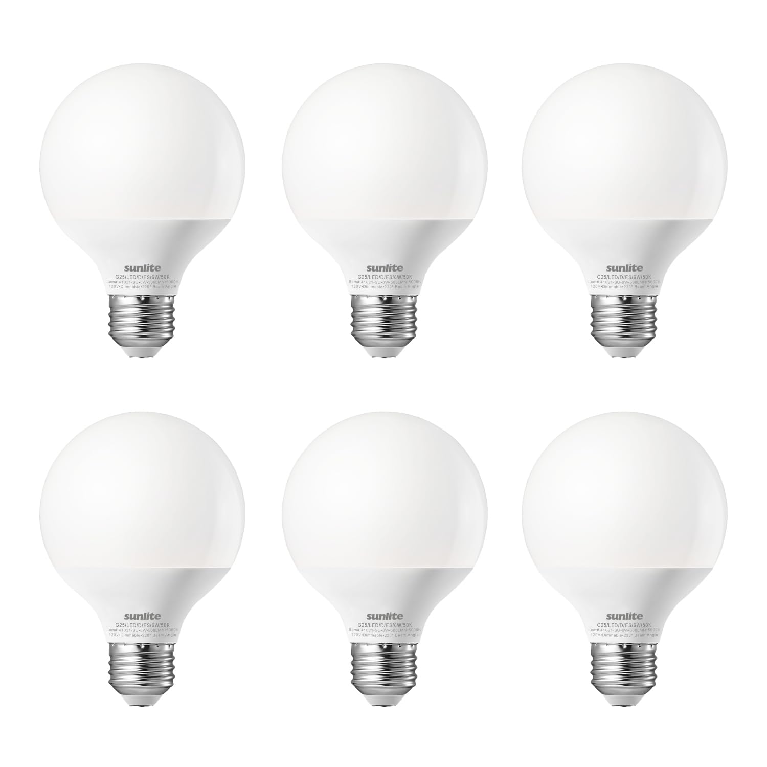Sunlite G25 Globe Light Bulbs, 6W (60W Equi.), Medium E26 Base, 500 Lmns, Dimmable Round Type G Vanity LED Bulb, Frosted, Energy Star, 90 CRI, Title-20 Compliant, ETL Listed, 5000K Daylight, 6 Pack