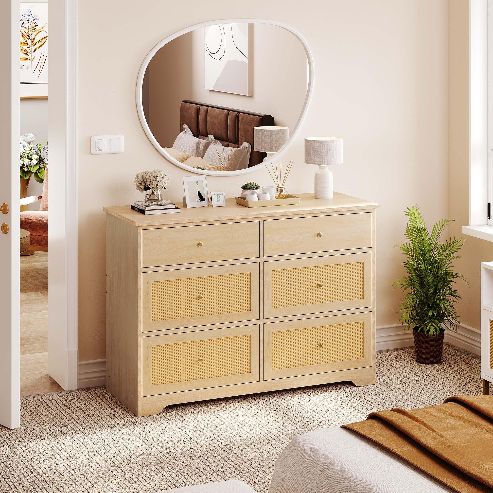 YITAHOME Rattan Dressers & Chests of Drawers,6 Drawer Modern Closet Dresser, Natural