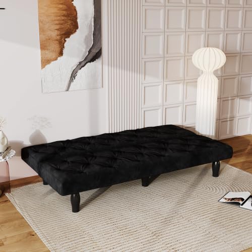 Anwickmak Velvet Convertible Futon Sofa Bed, Mid Century Green Fabric Couch, Sleeper Loveseat with Golden Metal Legs, Couches for Small Spaces (Black)