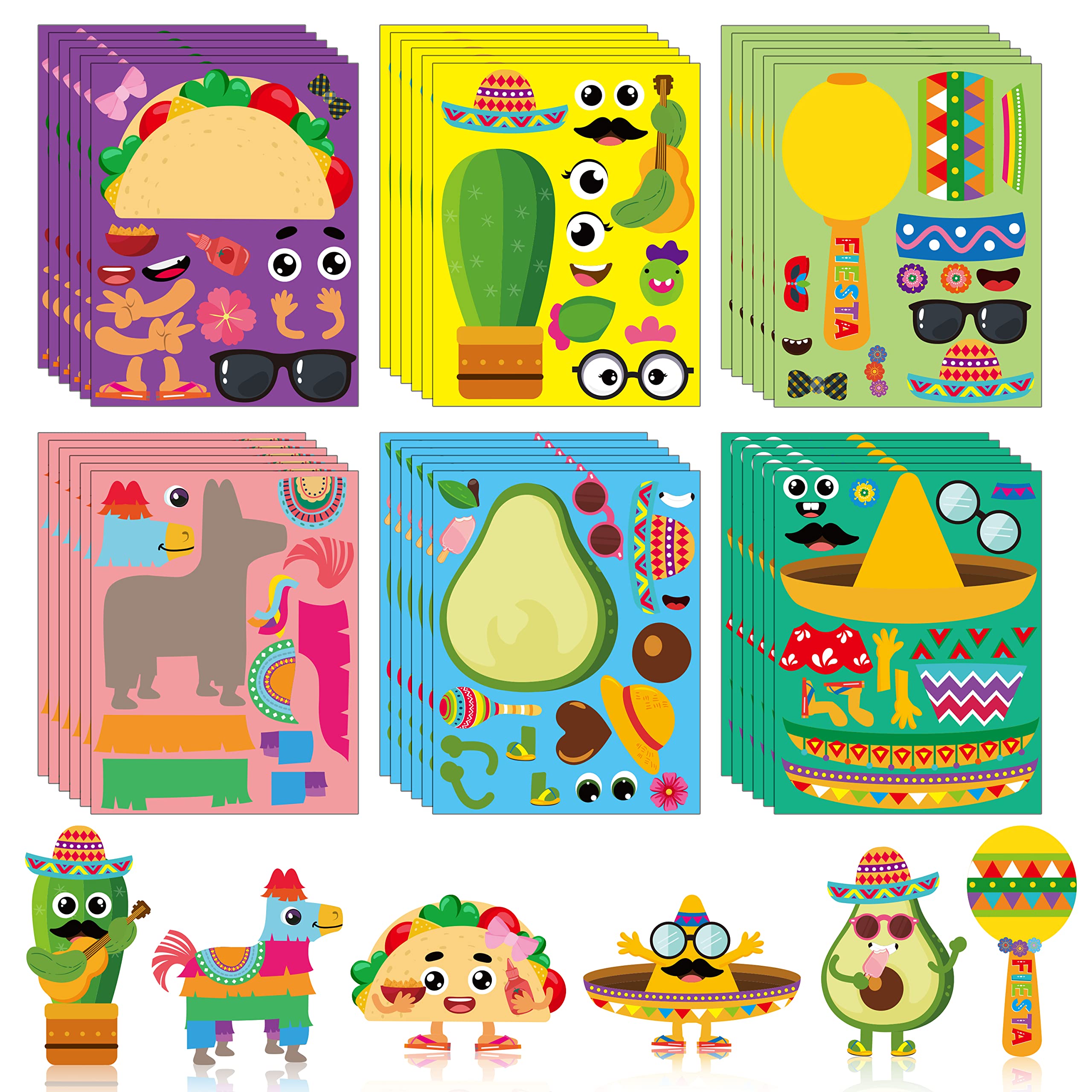 Haooryx 36Pcs Make Your Own Fiesta Stickers Sheet, Make a Face Stickers Game Mexican Fiesta Cinco De Mayo Taco Sticker Mix and Match Cactus Sticker for Kids Birthday Party Favor Gift Art Craft Rewards