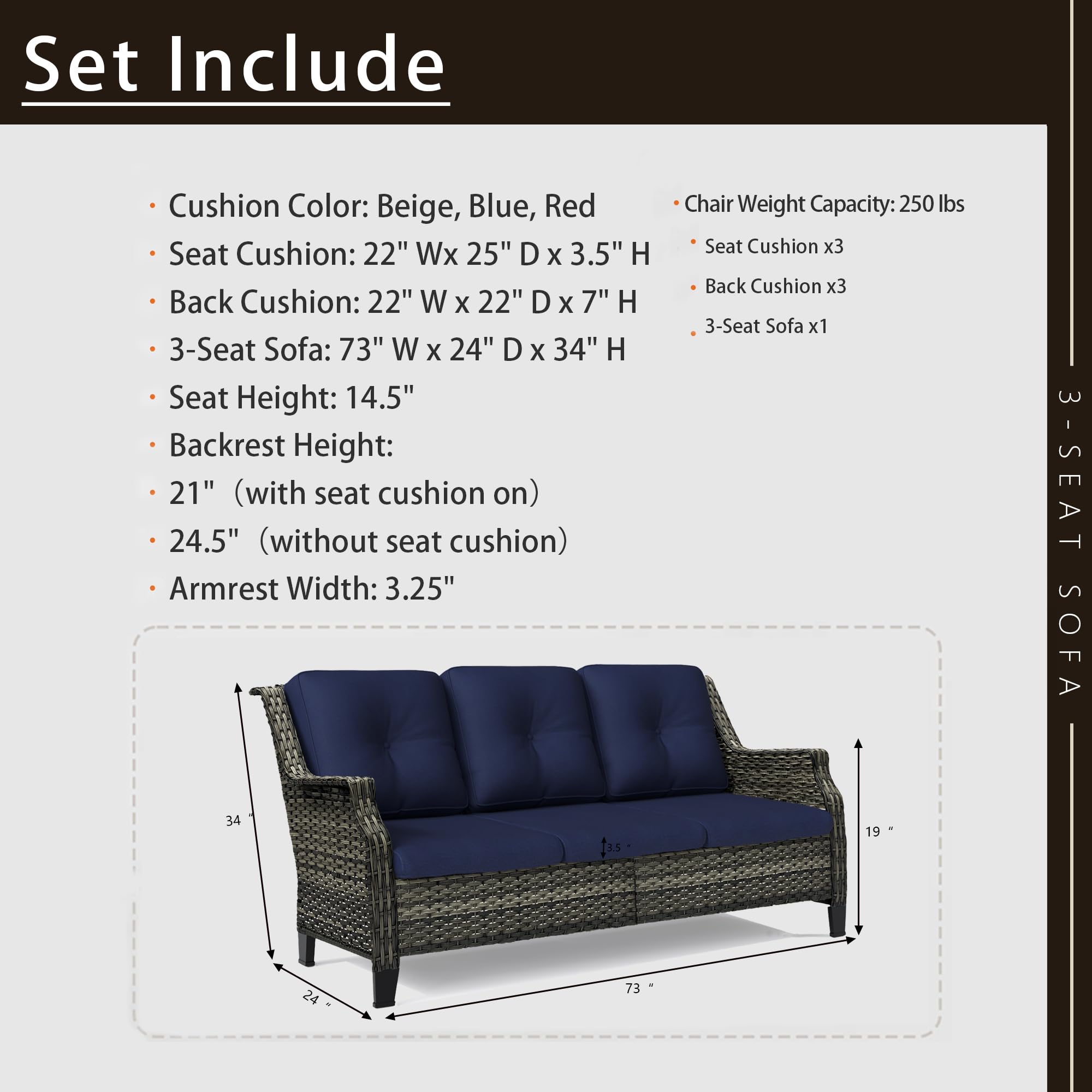 Joyside Outdoor Patio Couch Wicker Sofa - 3 Seater Rattan Sofa for Outside Patio Garden with Deep Seating and Olefin Cushions(Mixed Grey/Dark Blue)