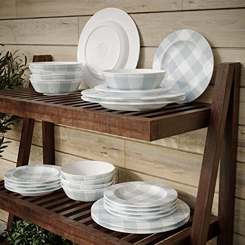 Barnyard Designs 12-piece Melamine Dinnerware Set, Durable Chip-Resistant Dishware for Indoor/Outdoor Use, Service for 4, Light Blue Buffalo Plaid, (Dinner Plate: 11β, Salad Plate: 8.5β, Bowl: 7β)