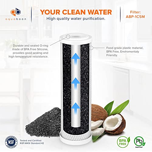 Aquaboon Universal 5 Micron 10 x 2.5 inch Cartridge | Premium Whole House Replacement Water Filter Cartridge | Coconut Shell Activated Carbon Block CTO | Compatible with Whirlpool WHA2BF5, 5 Pack