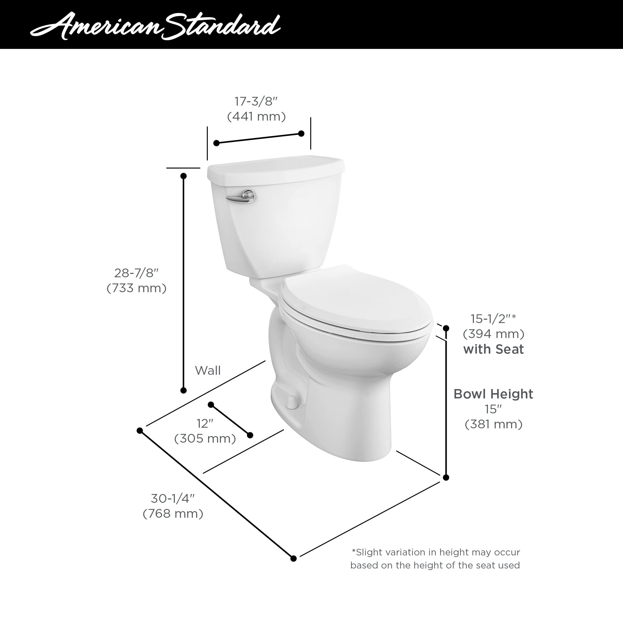 American Standard 270CA001.020 Cadet 3 Elongated Two-Piece Toilet with 12-Inch Rough-In, White