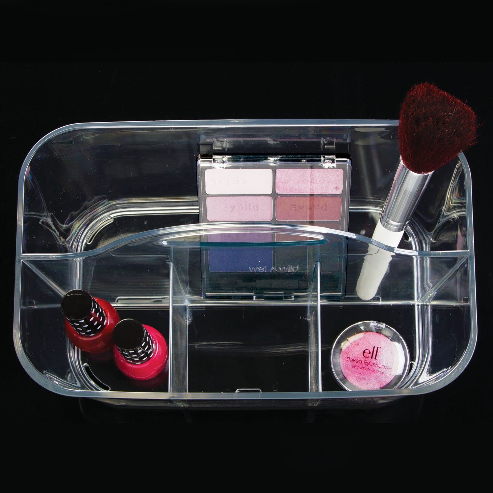 mDesign Plastic Makeup Storage Organizer Caddy Tote, Divided Basket Bin, Handle for Bathroom, Holds Eyeshadow Palettes, Nail Polish, Brushes, Shower Essentials, Small, Lumiere Collection - Clear
