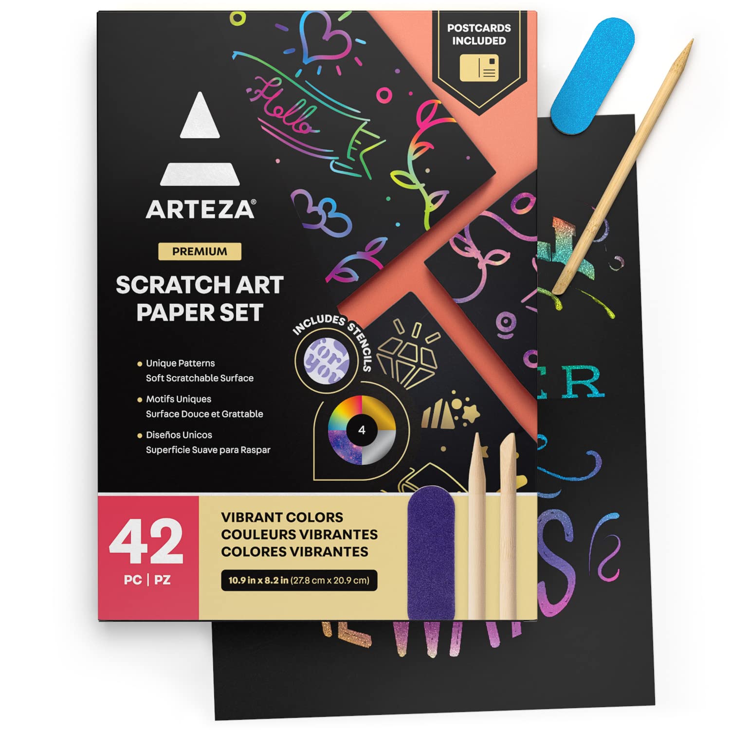 ARTEZA Scratch Paper, Set of 42 Sheets, 10.9 x 8.2 Inches, Includes 4 Unique Patterns, 4 Scratchers, 4 Stencils, 4 Post Cards