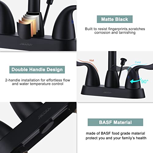 ARCORA Matte Black Bathroom Faucet, 2 Handle Basin Faucet, 4 Inch Centerset Bathroom Faucet with Drain Assembly and Supply Hoses, Bathroom Sink Faucet Black