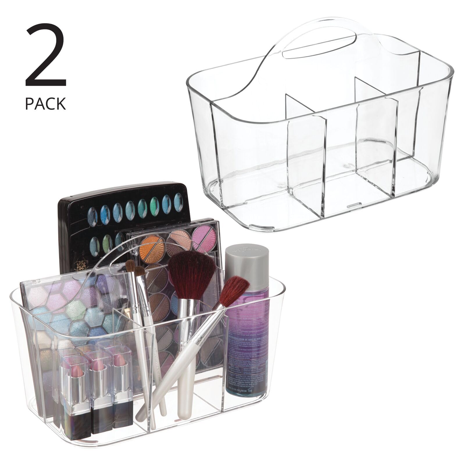 mDesign Plastic Makeup Storage Organizer Caddy Tote, Divided Basket Bin, Handle for Bathroom, Hold Eyeshadow Palettes, Nail Polish, Brushes, Shower Essentials, Small, Lumiere Collection, 2 Pack, Clear