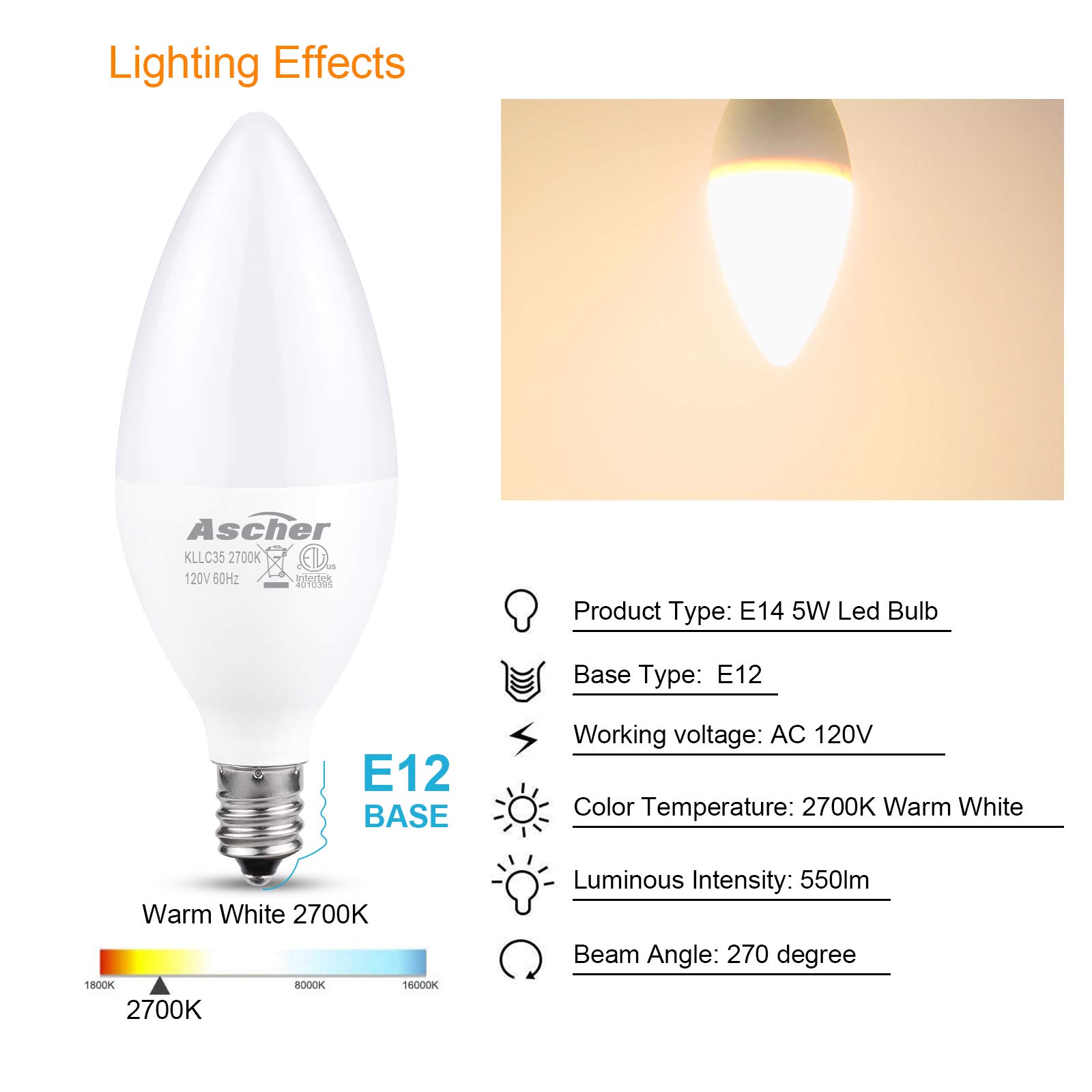 Ascher Classic E12 LED Candelabra Light Bulbs, Equivalent 60W, 550 Lumens, Warm White 2700K, Chandelier Bulb, Non-dimmable, Candelabra Base, Pack of 10