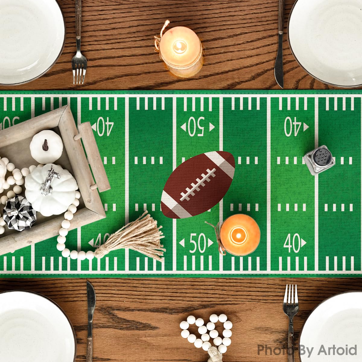 Artoid Mode Touch Down American Football Court Table Runner, Rugby Boy Fall Birthday Party Kitchen Dining Table Decoration for Home Decor 13x72 Inch