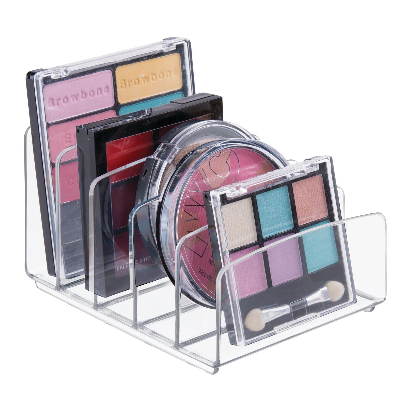 mDesign Plastic Divided Makeup Organizer for Bathroom Countertops, Vanities, Cabinets - Cosmetic Storage Solution for, Eyeshadow Palettes, Contour Kits, Blush, Face Powder - 5 Sections - Clear
