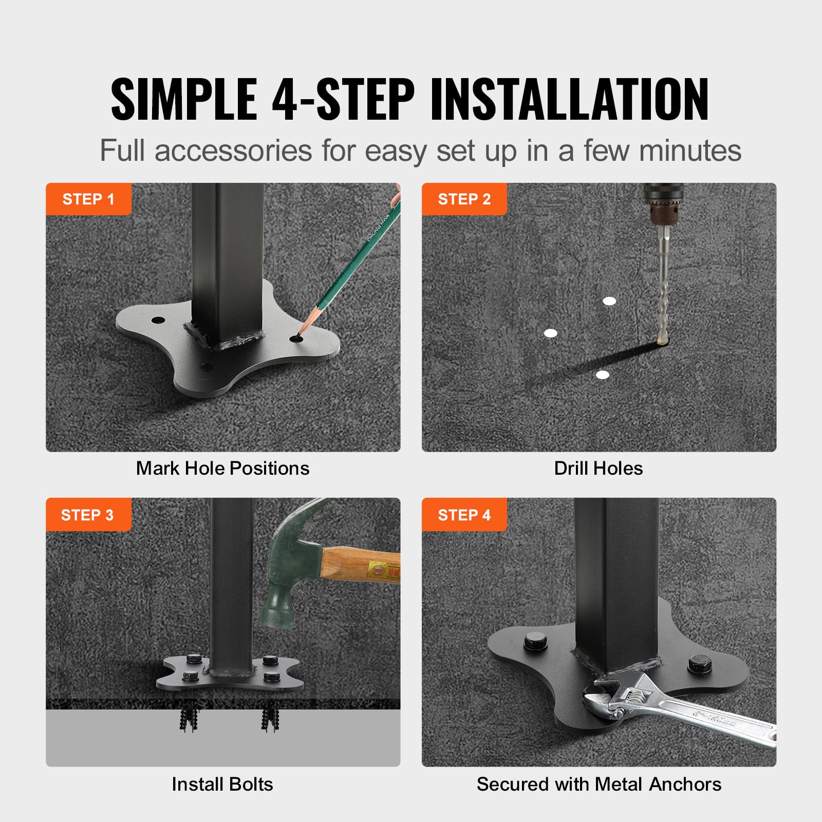 VEVOR Handrail for Outdoor Steps, 4-5 Steps Outdoor Handrail, Adjustable Metal Staircase Handrail, Thickened Stair Railings for Porch Railing, Deck Handrail