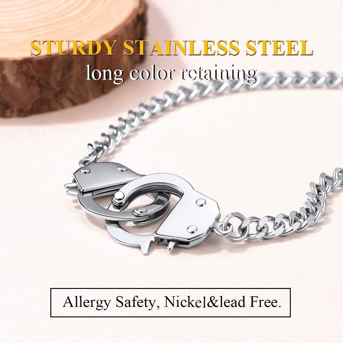 FindChic Handcuff Necklace Partners in Crime Stainless Steel Curb Chain Interlocking 18inch Statement Necklace for Women Men Goth Punk Jewelry