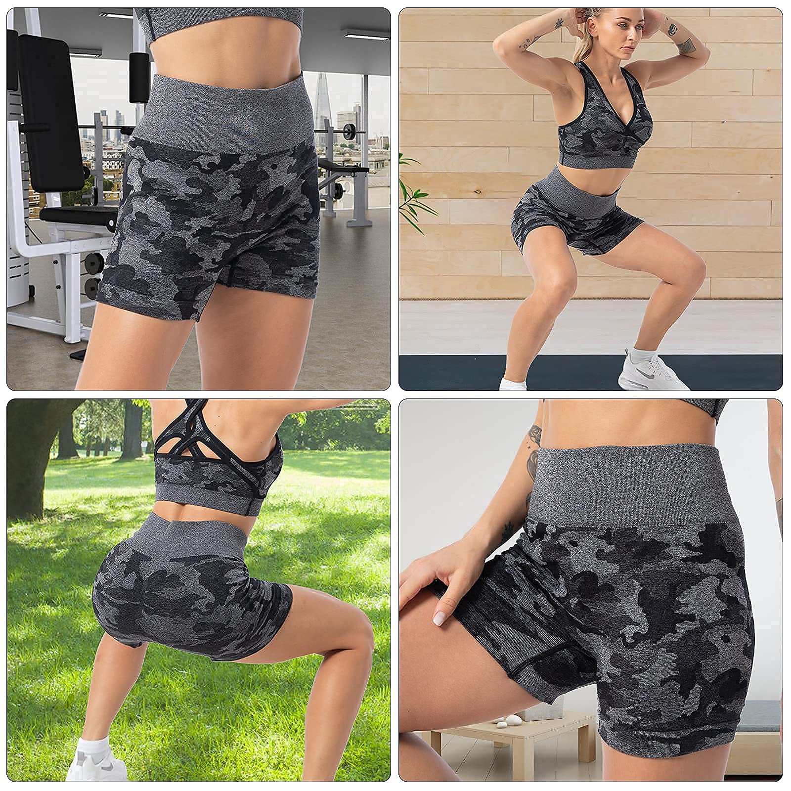 ANEDIT Women's Seamless Workout Yoga Shorts High Waist Camo Vital Athletic Gym Sport (Black,S)…