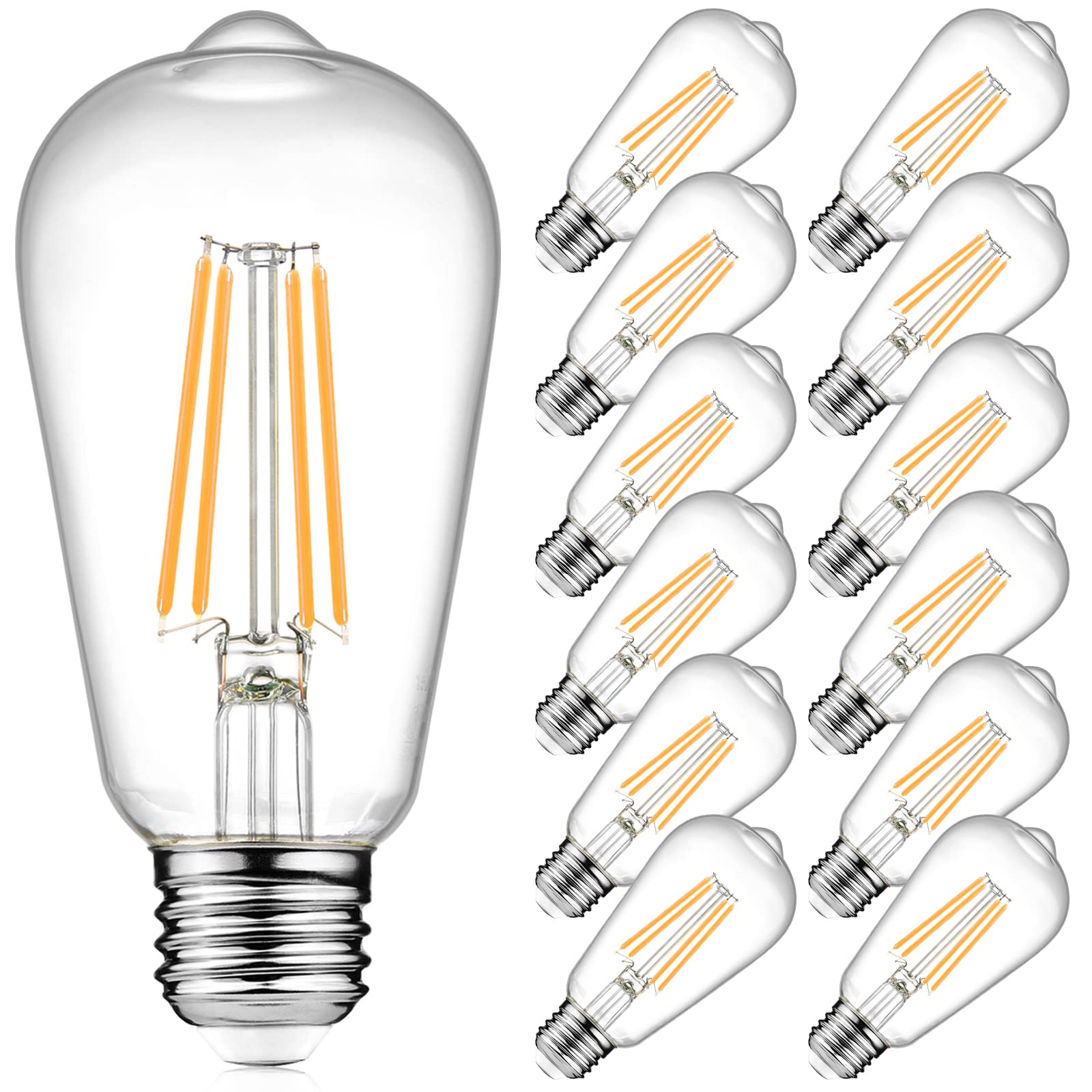 Ascher Dimmable Vintage LED Edison Bulbs, 6W, Equivalent 60W, High Brightness Warm White 2700K, 80+ CRI, ST58 Antique LED Filament Bulbs, E26 Medium Base, Clear Glass, 12 Pack, 12 Count (Pack of 1)