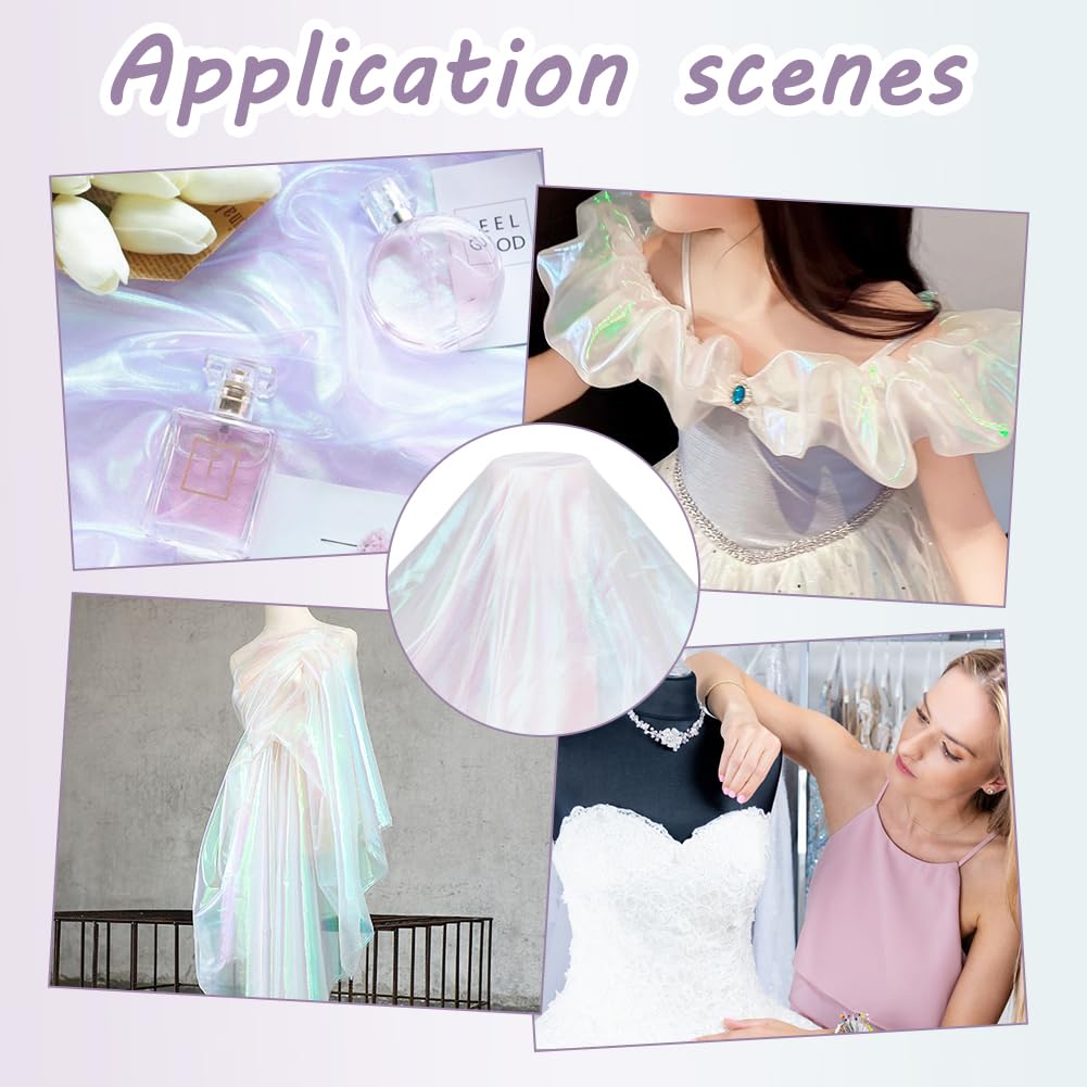BENECREAT 3.3 Yard Magic White Rainbow Laser Gradient Organza Lace Fabric, Iridescent Holographic Gauze Fabric for Bridal Veils Dress, DIY Crafts Curtain Home Decor
