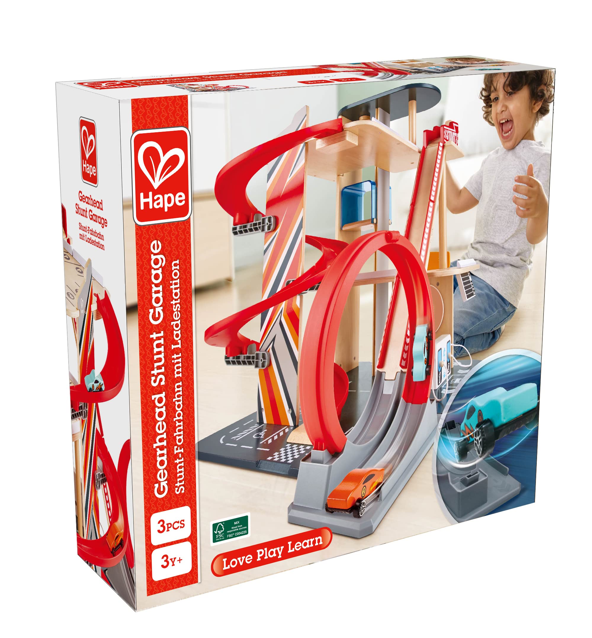 Hape Gearhead Stunt Garage Kids Wooden Toy Car Parking Garage Playset w/Elevator and 2 Exit Tracks, Detachable Loop, Includes 2 Wooden Toy Racecars