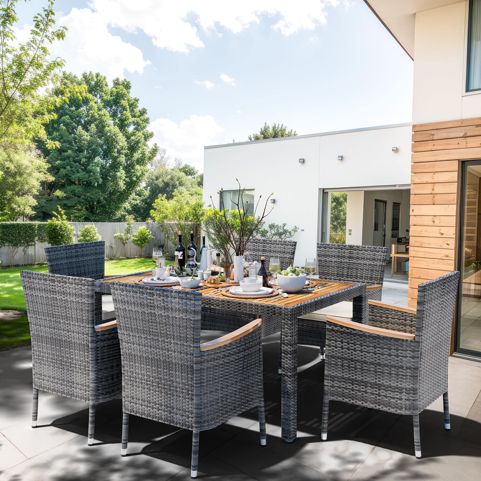 Shintenchi 7 Piece Patio Dining Set, Wicker Patio Conversation Set with Wood Table Top, Outdoor Table and Chairs with Soft Cushions for Backyard, Deck and Garden, Grey Rattan