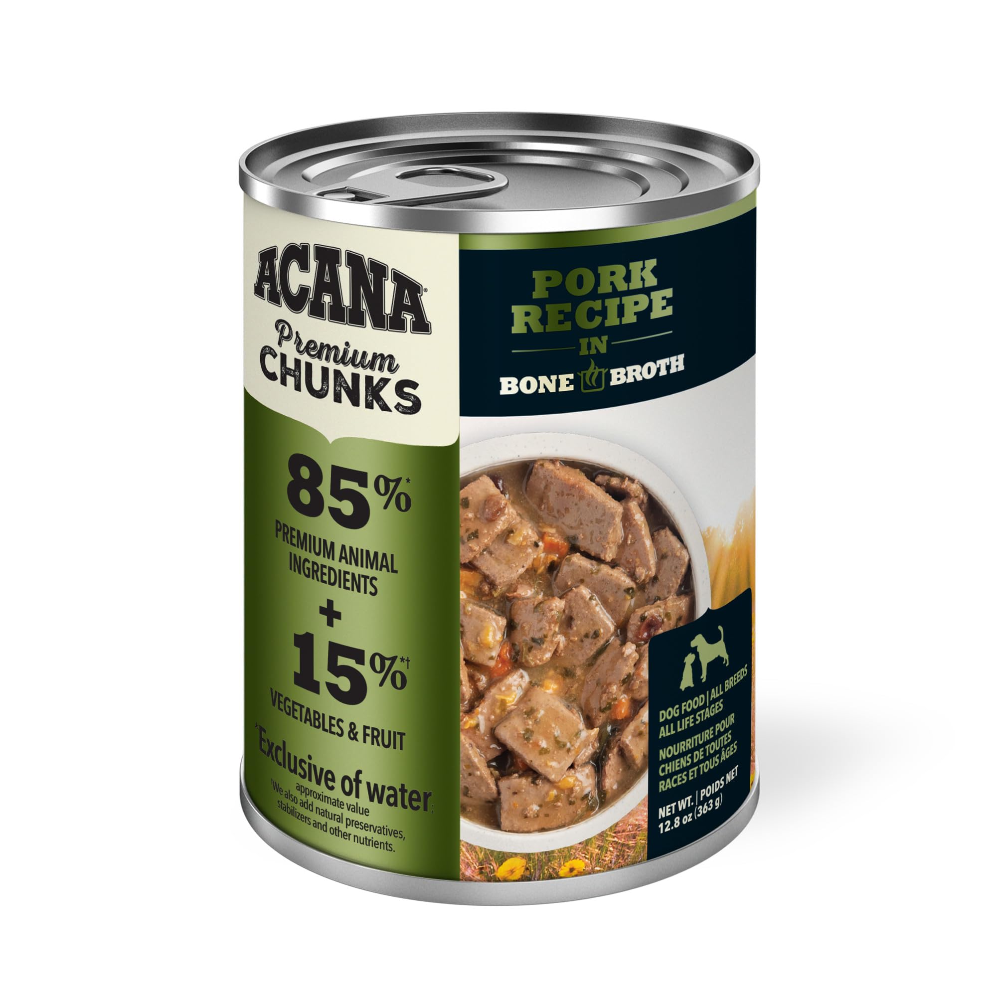 ACANA Premium Chunks Wet Dog Food, Pork Recipe in Beef Bone Broth and Lamb Liver, 12.8oz (Case of 12)