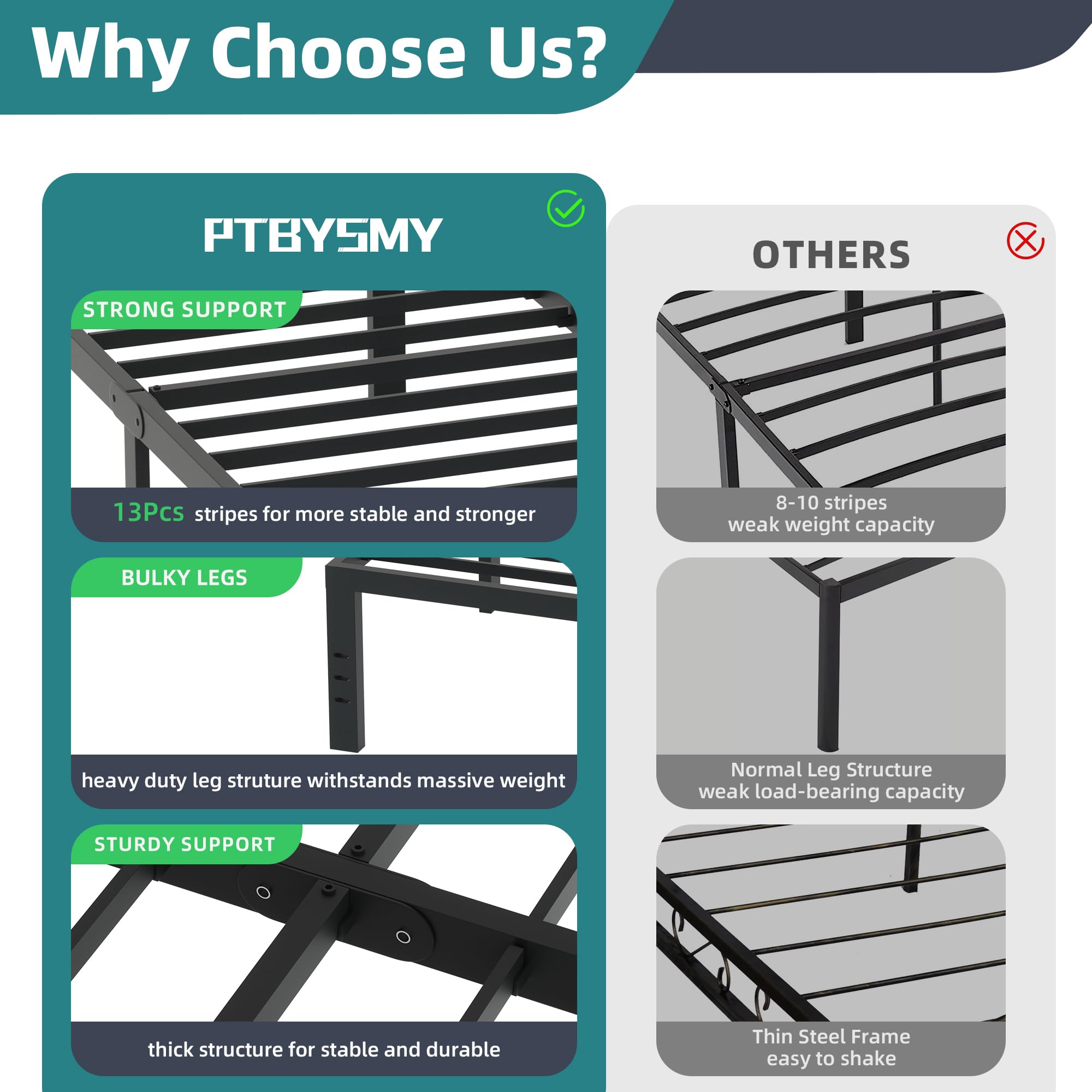 Queen Bed Frame 16 Inch High Metal Platform Bed Frame with 4 Mattress Retainers Heavy Duty Steel Slats Black Kids Queen Size Bed Frame with Headboard Hole No Box Spring Needed Noise Free Easy Assembly