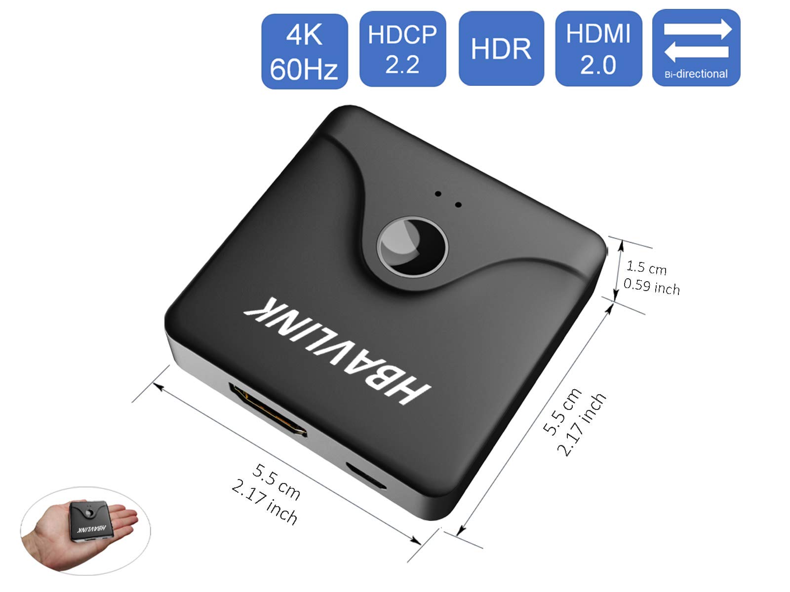 HDMI Switch 4K 60Hz - HBAVLINK HDMI Selector Switch Box HDMI Splitter 2 in 1 Out, No External Power Required, for Roku/PS5/Xbox/Netendo Switch/Fire Stick/Apple TV (HDMI Cable NOT Include)