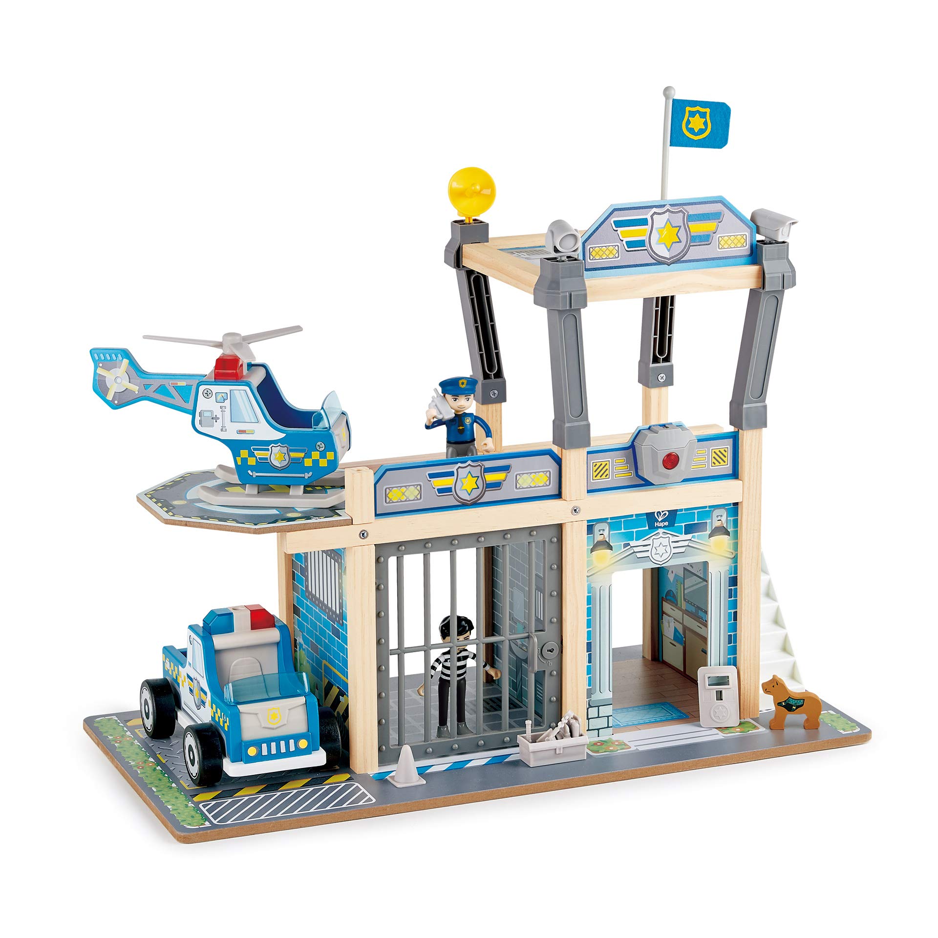 Hape Metro Police Station Play Toy Set with Sounds and Lights| 2-Level Wooden Pretend Play Toy with Action Figures and Accessories
