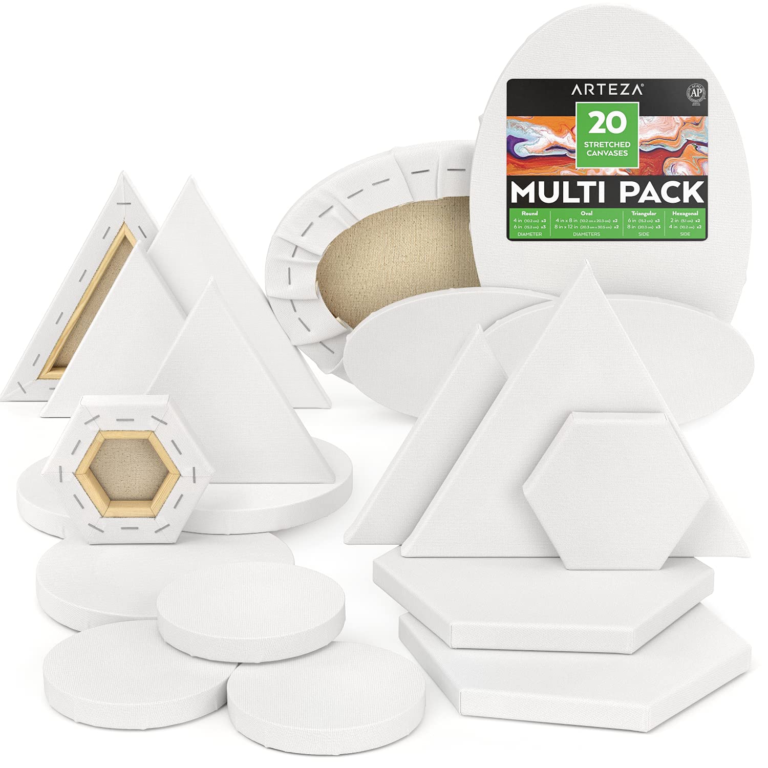 ARTEZA Stretched Canvas, Multipack of 20, Round, Oval, Triangle, and Hexagonal Canvas, Blank White Canvas Boards for Acrylic, Oil and Gouache Painting