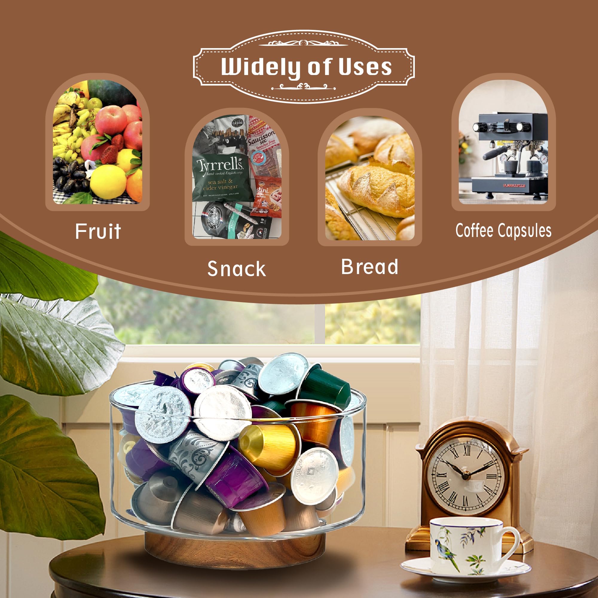 CAMATET Coffee Pod Holder, Glass Salad Bowl with Acacia Wood Base, Large Capacity K Cup Organizer for Kcup Creamer Storage, Espresso Capsule Holder Coffee Bar Accessories( 7 Inch,1 Pack )