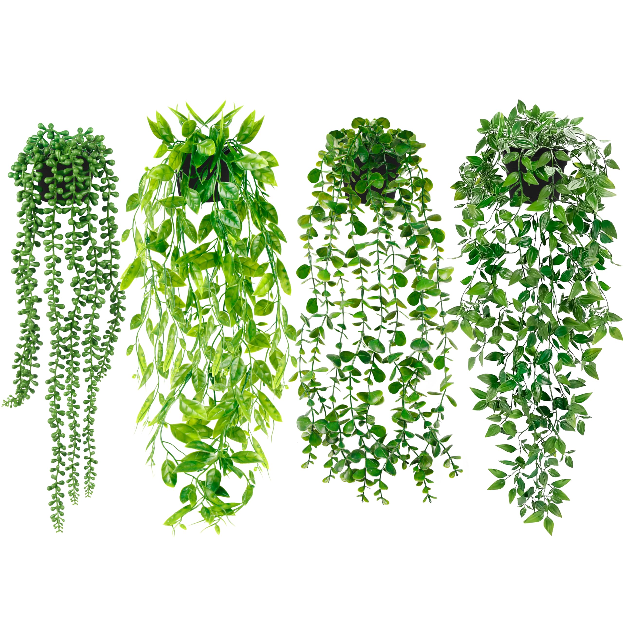 Artificial Hanging Plants for Shelf, 4 Pack Fake Potted Greenery Faux Eucalyptus Vine, Mandala Vine, String of Pearls,Pea pod Leaves in Pot for Office Living Room Bathroom Indoor Outdoor DƩcor