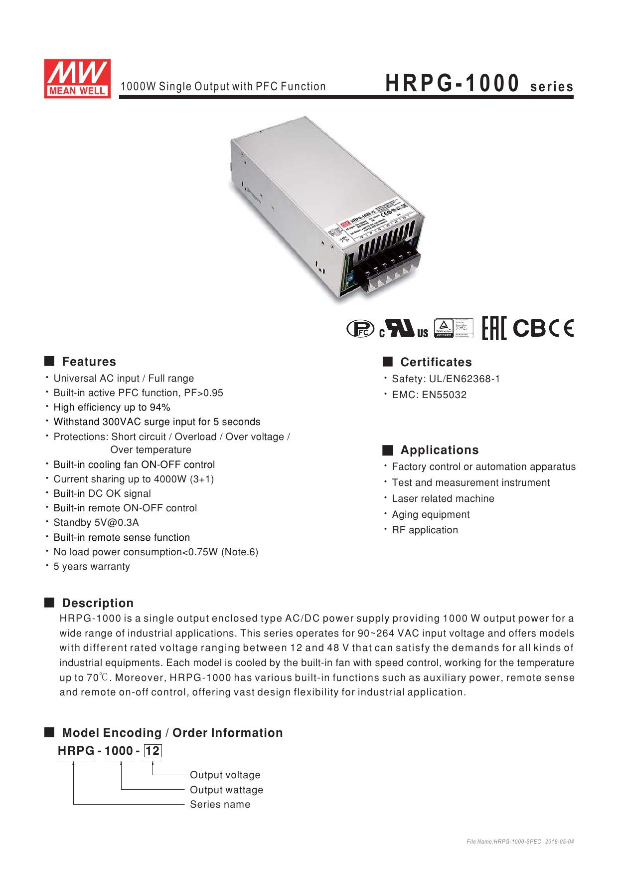 Mean Well HRPG-1000-12 HRPG-1000-15 HRPG-1000-24 HRPG-1000-48 1000W Single Output with PFC Function Power Supply (HRPG-1000-24)