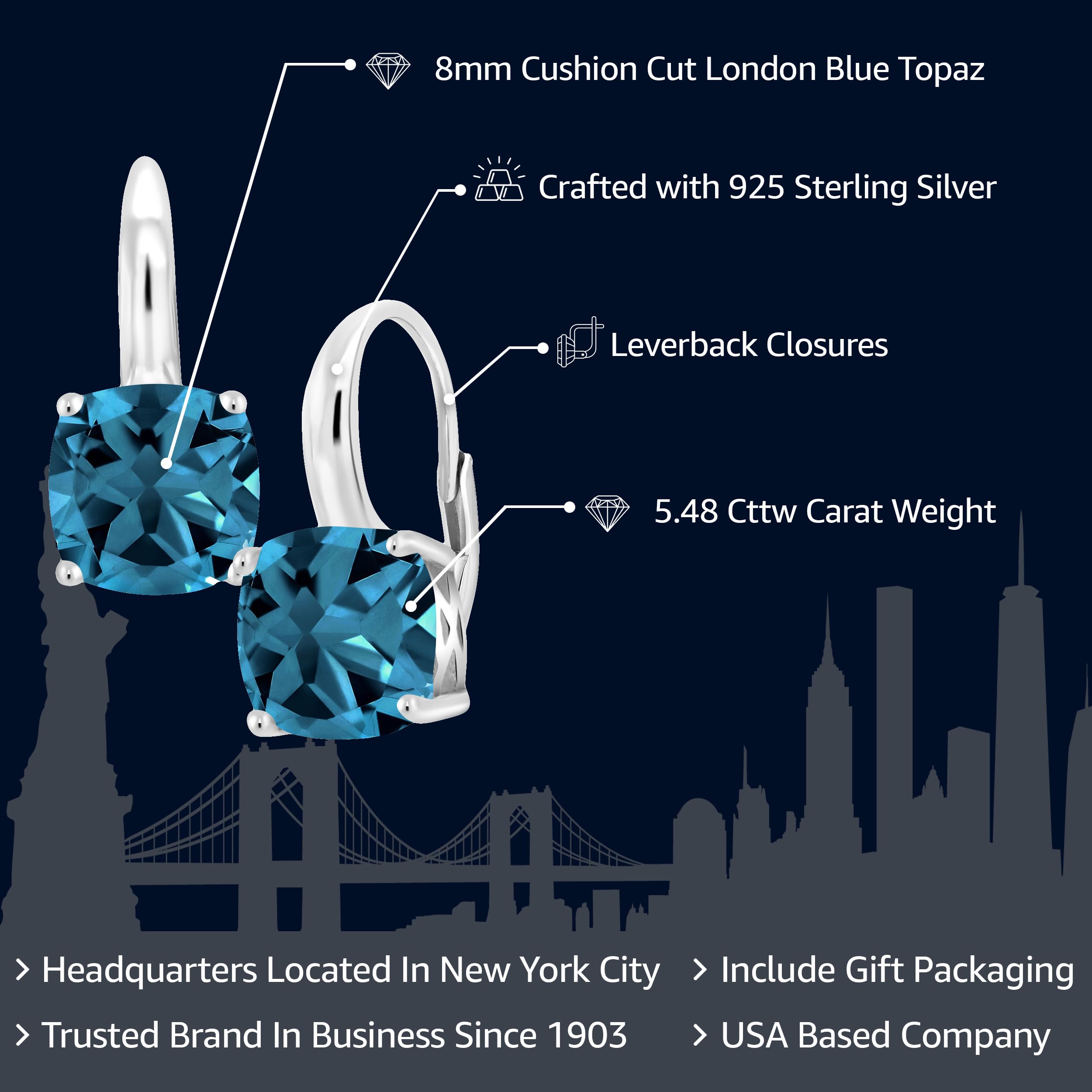 Gem Stone King 5.48 Cttw Natural Genuine London Blue Topaz Earrings In 925 Sterling Silver | Gemstone Birthstone | Cushion Cut 8MM | Dangle Earrings For Women