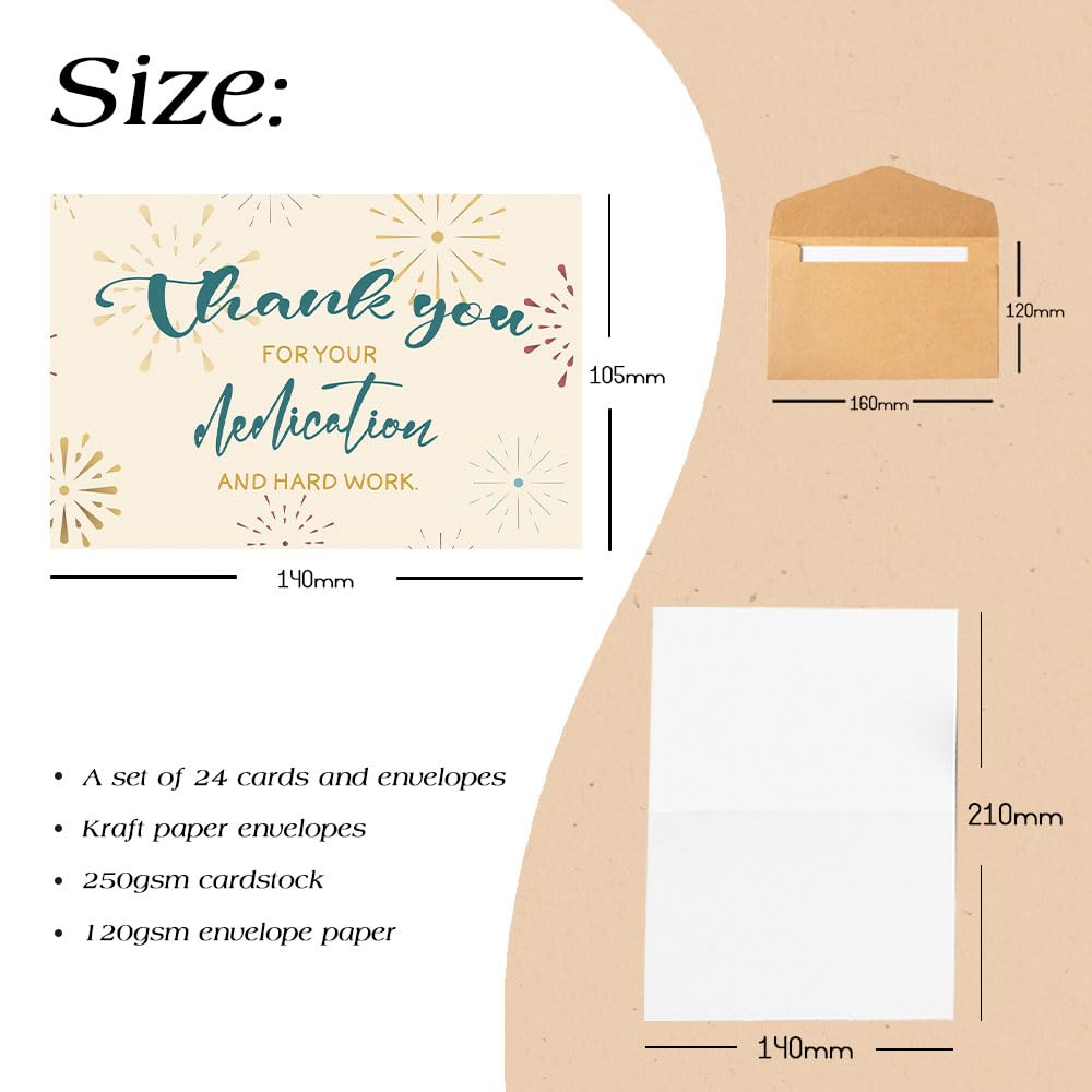 BIROYAL 24 Pack Employee Appreciation Cards with Envelopes - 5 * 8 In Blank Employee Thank You Cards - Ideal for Employee Recognition - Appreciation Cards for Team Staff Teacher (Firework Design)