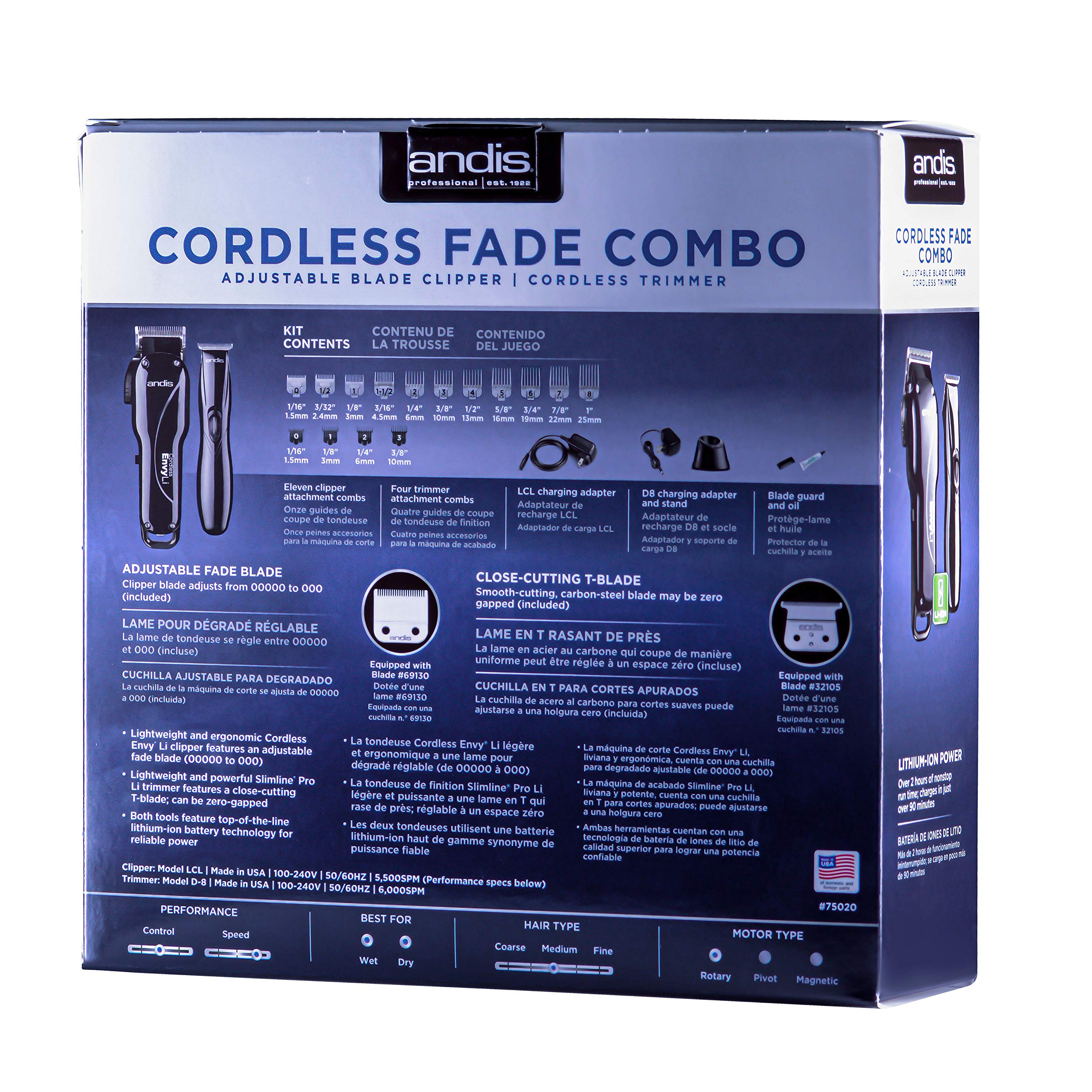 Andis Professional Cordless Fade Combo, Envy Lithium-Ion High-speed Adjustable Blade Clipper - Slimline Pro Li Cordless T-Blade Trimmer (75020) - Bundled with KEPSE Neck Duster
