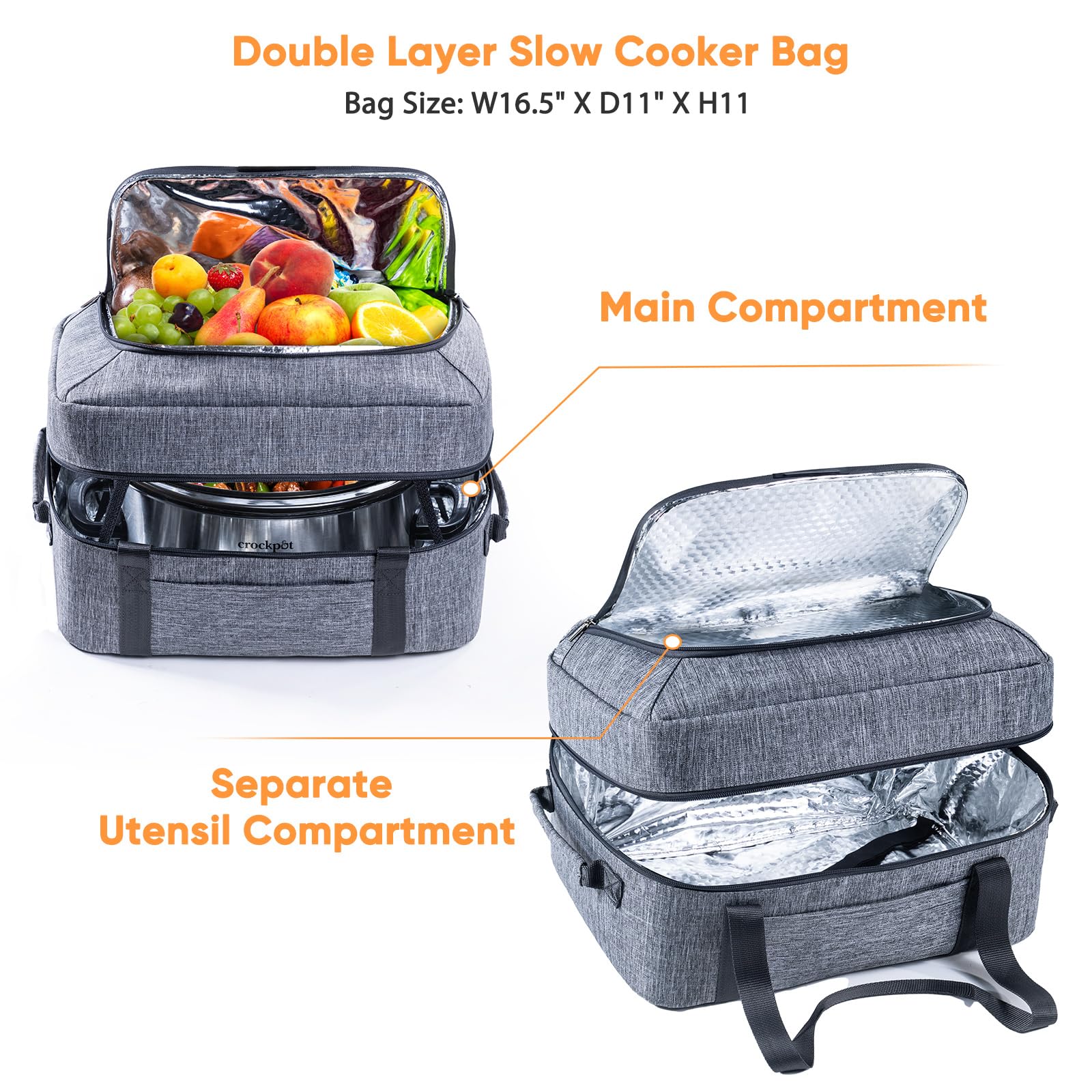 BAGSPRITE Double-Layer Slow Cooker Carrying Bag for 6-8 Quart CrockPot and Hamilton Beach Slow Cooker, Travel Bag with Lid Fastener for Crock-pot, Portable Carrier Case Slow Cooker Bag