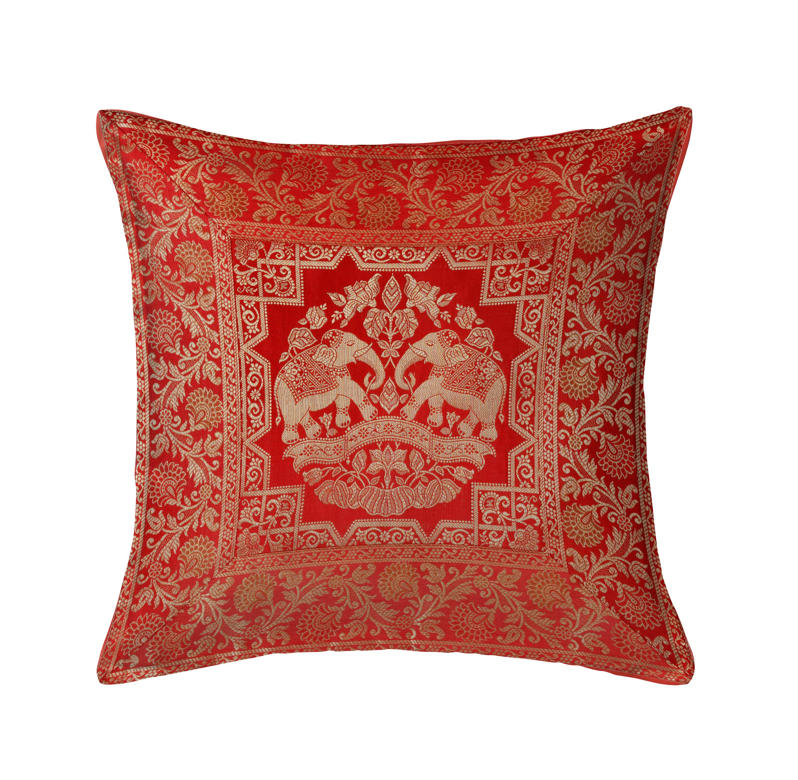 ANJANIYA Set of 4 17x17 inch (43x43 cm) Elephant Banarsi Silk Indian Ethnic Bohemian Decorative Cushion Cover Handcrafted Patchwork Sari Throw Pillow Boho Decor Cushion Covers (Double Elephant)
