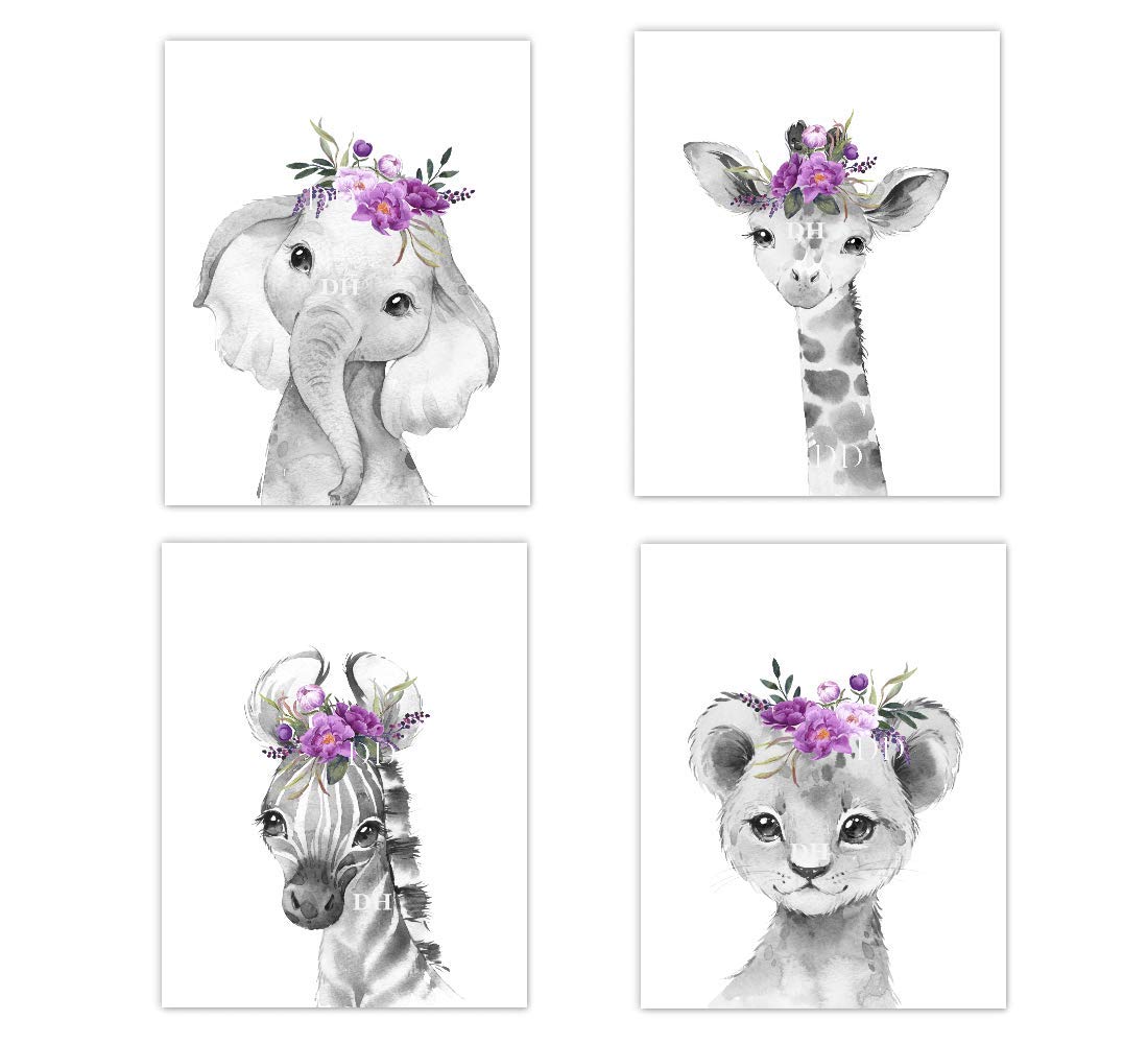 Baby Girl Nursery Wall Art Purple Floral Safari Animals Elephant Giraffe Lion Zebra Room Decor 4 UNFRAMED PRINTS