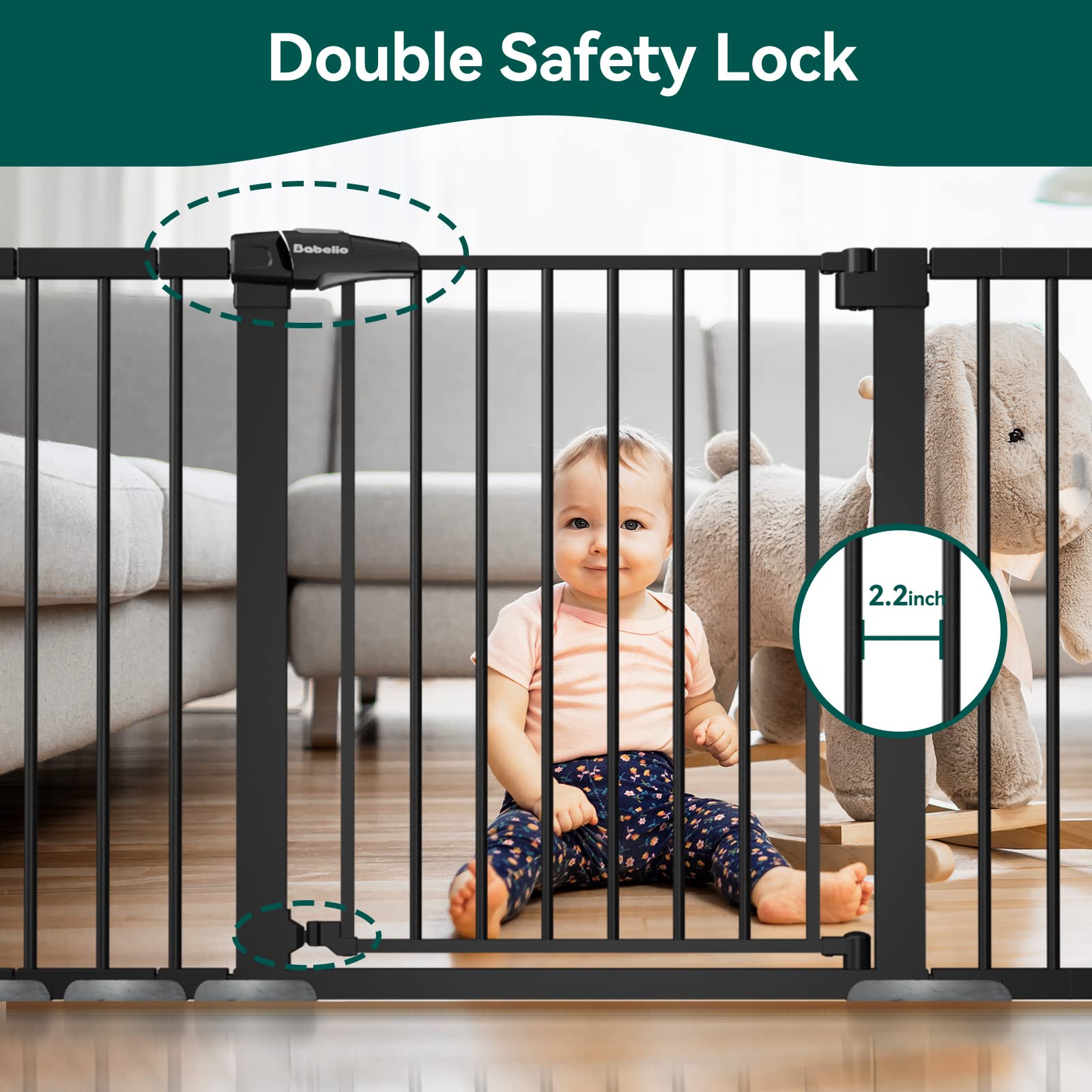 BABELIO 29-55 Inch Extra Wide Baby Gate, Metal Auto Close Dog Gate, Pressure Mounted Pet Gate for Doorways, NO Tools Needed NO Drilling, with Wall Cups, Black