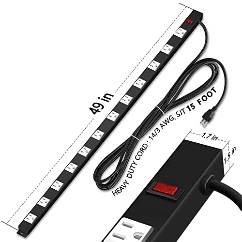 ANKO 12-Outlet Heavy Duty Workshop Metal Power Strip; 15-Foot Long Extension Cord; Mounting Brackets Included; ETL Certified (Black)