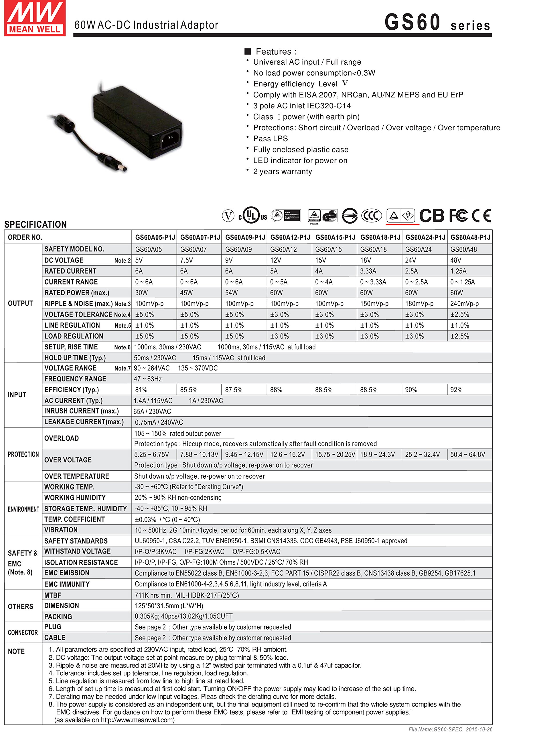 Mean Well Original GS60A24-P1J AC-DC Green Industrial Adaptor 24V 2.5A 60W