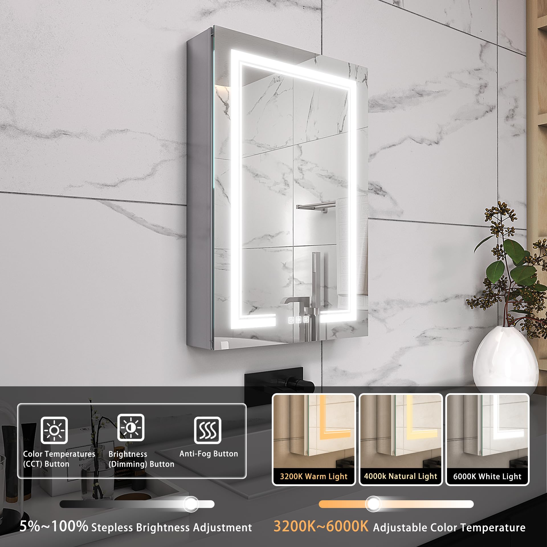 Benime 24x32 Inch, LED Lighted Bathroom Medicine Cabinet with Mirror, Surface or Recessed Medicine Cabinet with Lights, Defogger, Stepless Dimming&Color Temps, 2 Outlets&USBs, 3 Storage Shelves