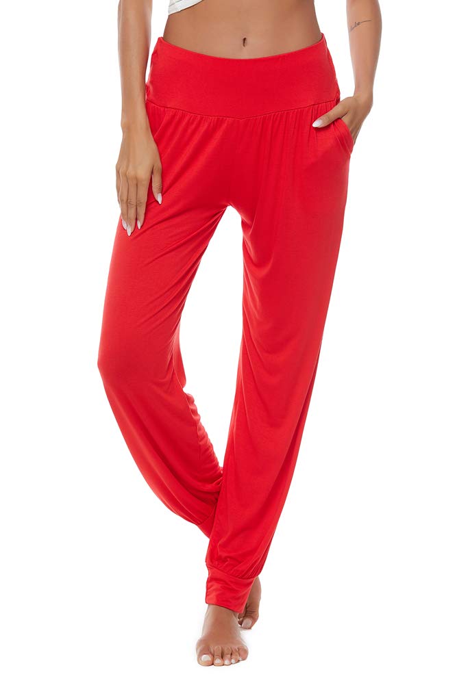 AvaCostume Women's Loose Yoga Harem Workout pants with Pockets Red S