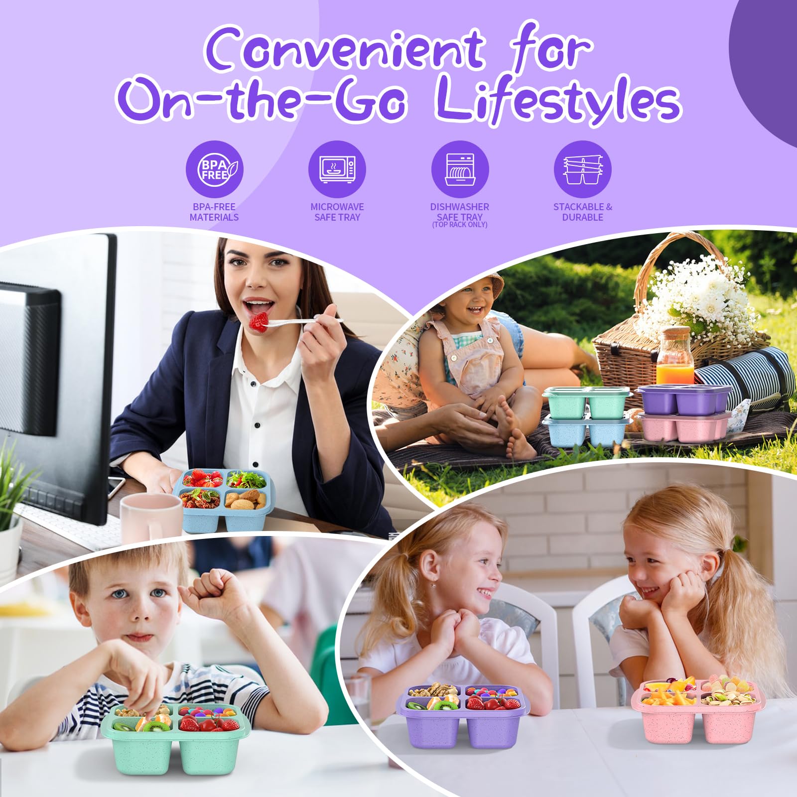 Bento Snack Containers(4 Pack), 4-Compartment Meal Prep Containers Reusable, Snackle Box Container for Kids and Adults,Divided Lunchable Container Food Storage Containers for School, Work, Travel