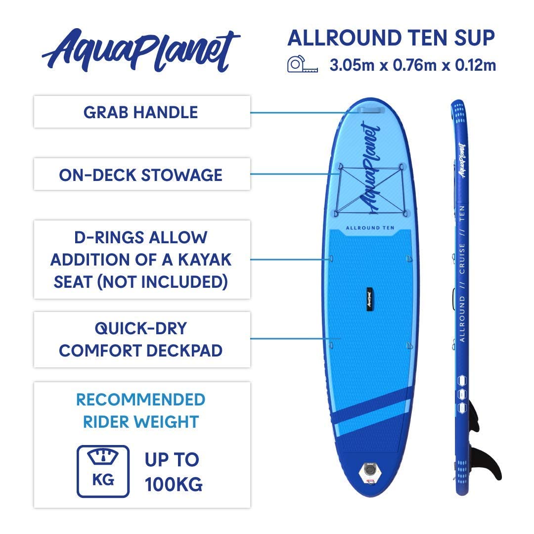AQUAPLANET 10ft ALLROUND Paddle board - Beginner’s Kit. Air Pump with Pressure Gauge,Adjustable Aluminium Floating Paddle,Repair Kit,Heavy Duty Carry Rucksack & Premium Leash & 4 Kayak Seat Rings